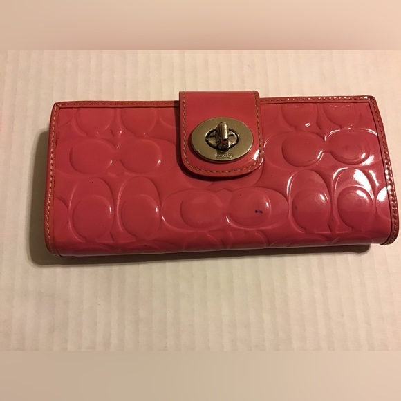 Coach | Bags | Coach Pink Patent Leather Wallet Guc Signature Raised C ...